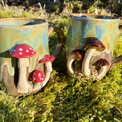 Crystal Mug With Rose Quartz, Mushroom Mug With Crystal, Stoneware ...