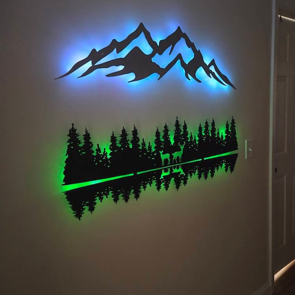 LED Mountain Metal Wall Art / Neon Mountain and Tress Metal Art / Light ...