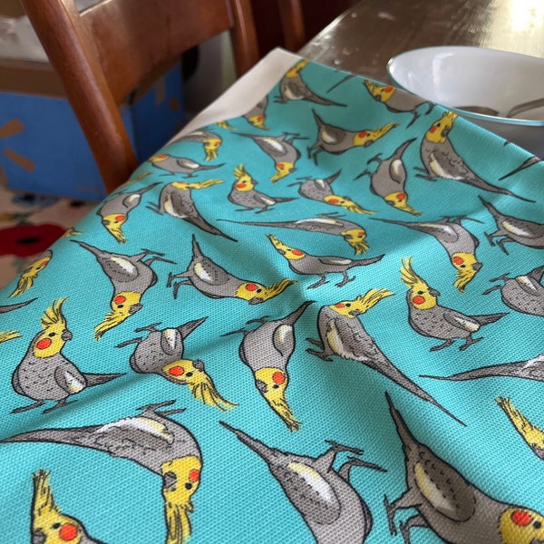 Gray and Yellow Cockatiel Fabric - Watercolor Cockatiel on Light Blue ...