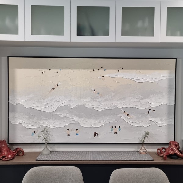 Vertical Beach Joys Art, Ocean Surfing Art, Hand Painted Extra Large ...