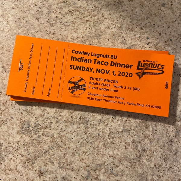 CUSTOM 2-part Standard Raffle Tickets; Numbered Both Sides - Black Ink ...