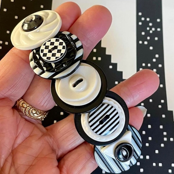 Vintage Black & White Striped Buttons: 90s French Designer Style (set ...