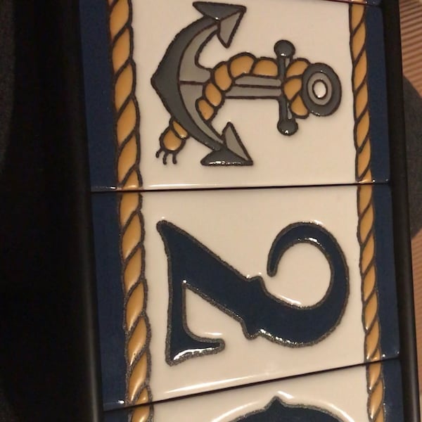 Nautical - Harbor, House Numbers Address Tiles, Framed Set, Anchors ...