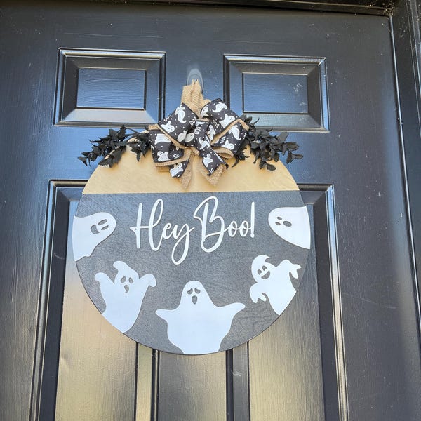 Halloween Door Hanger | Hey Boo Front Door Decor | Halloween Wreath ...