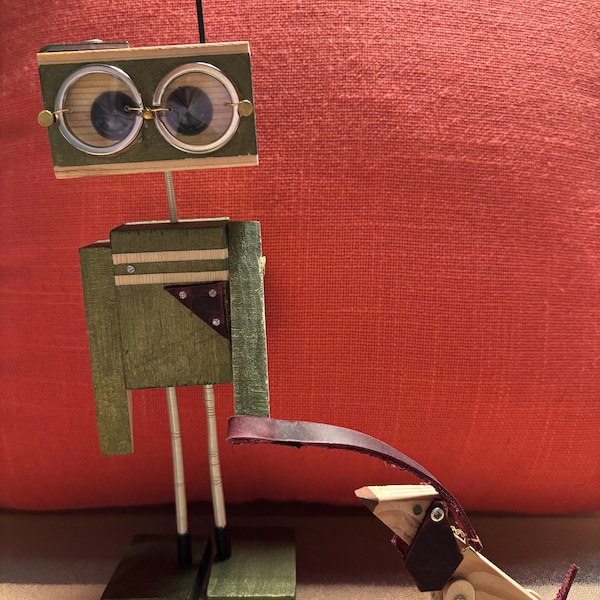 Handmade Steampunk Robot and Dog Figurines - Wooden Sculpture Duo ...
