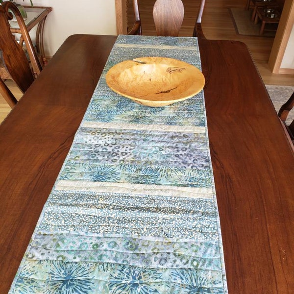 Quilted Batik Table Runner in Earth Tones With Blue, Modern Quilted ...