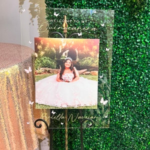 Clear Acrylic Quinceañera Invitations With Pink Flowers and Gold Text ...