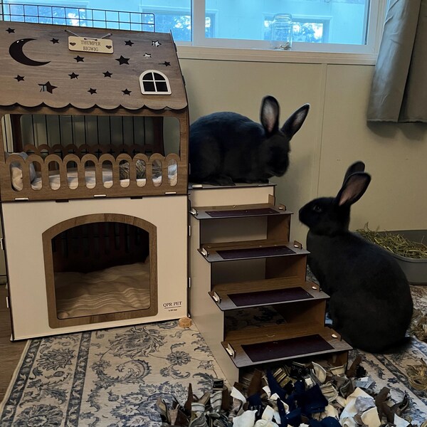 Wooden Rabbit House, Two Storey Rabbit Castle, Hay Feeder Bunny ...