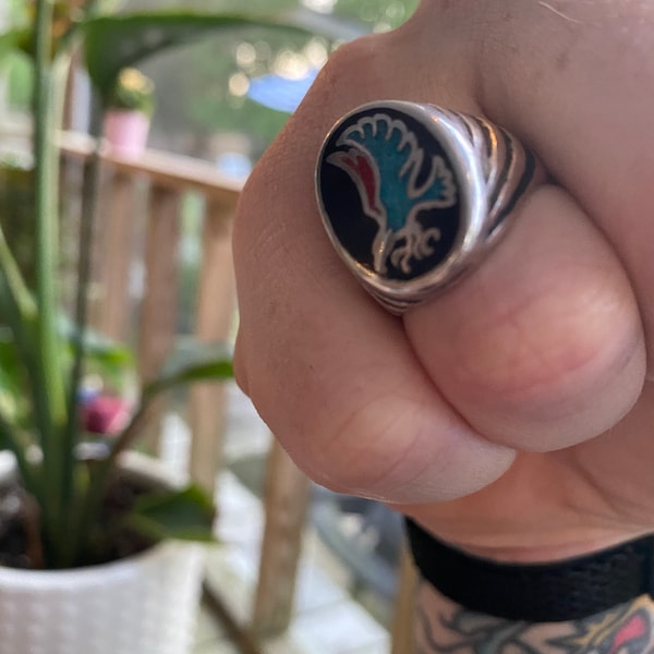 Vintage Native American Southwestern Turquoise Inlay Men Hawk Ring - Etsy