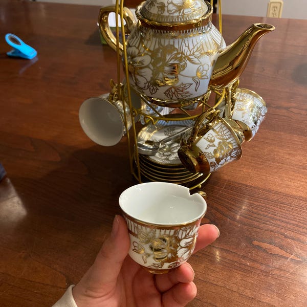 Gold Tea Set 20-piece Teapot 3 Oz Cups Saucers Stainless Steel Spoons ...