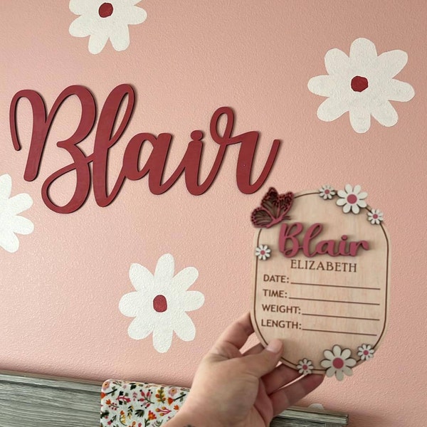 Retro Baby Name Wooden Daisy Flower Sign, Baby Name Announcement Sign ...