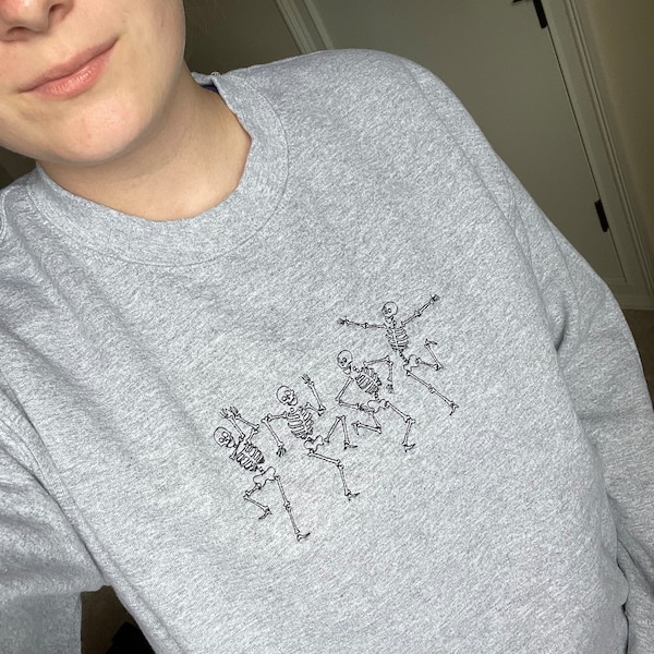 Dancing Skeleton Embroidered Sweatshirt – Cute Halloween Crewneck, Fall ...