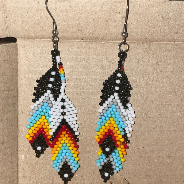 Double Feathers Beaded Earrings, Colorful Feather Dangle Seed Bead ...