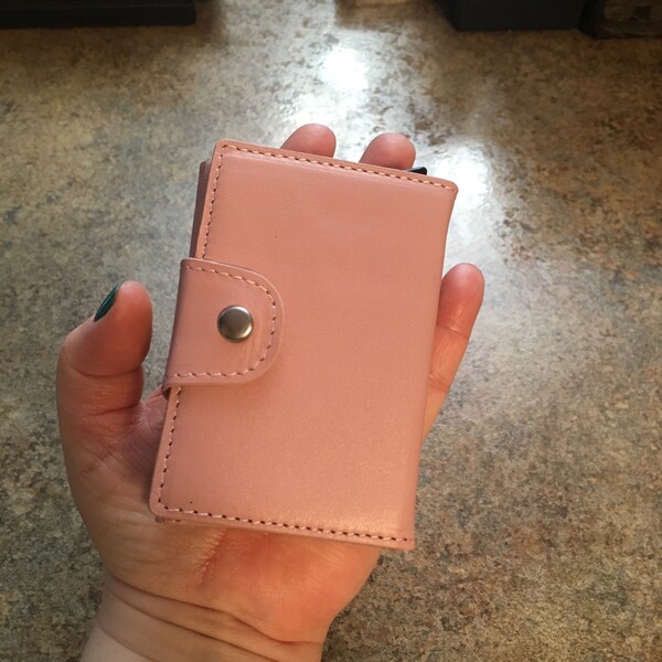 Custom Leather Pop up Wallet, RFID Blocking Mechanical Card Holder ...