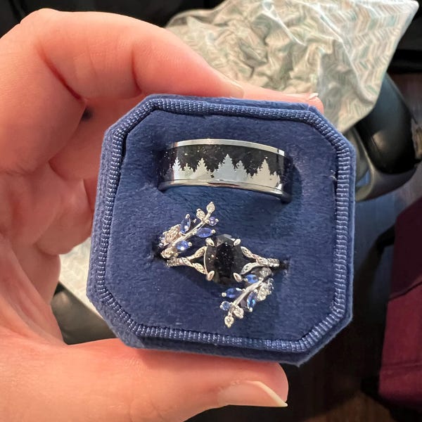 Starry Night & Trees Couples Ring Set- Galaxy Sandstone His and Hers ...