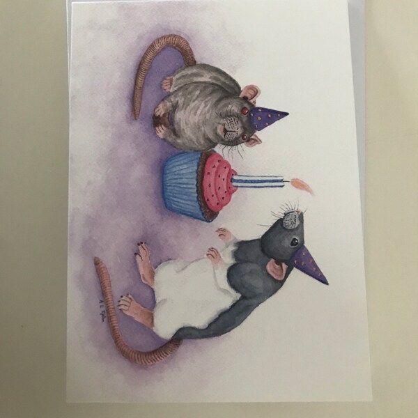 Rat Birthday Card - Two Rats Enjoying a Birthday Cake and Party - Rat ...