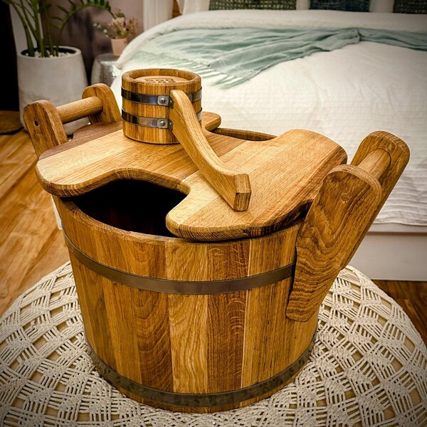 Wooden Oak Bucket [10L — 15L] Rustic Whiskey Barrel / Round Water Pail ...