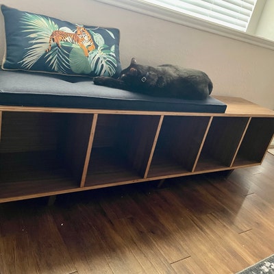 HIFI Vinyl Storage Bench With Component Shelf with Mid Century Modern ...