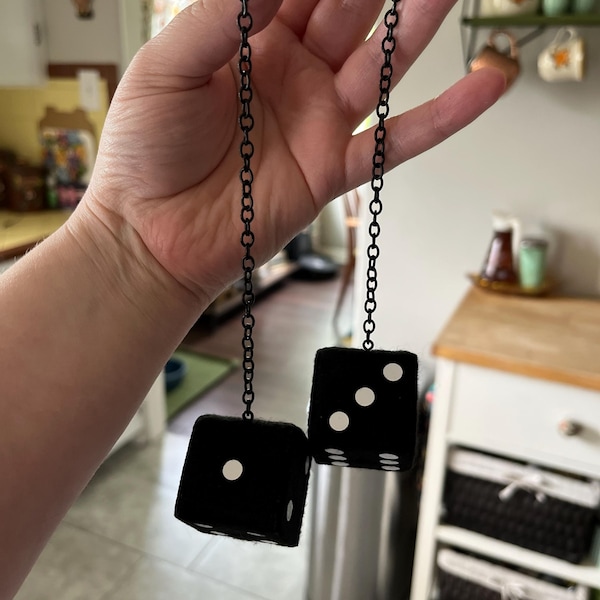 White Plush Fuzzy Dice With Black Dots and Chain or Cord / Car ...