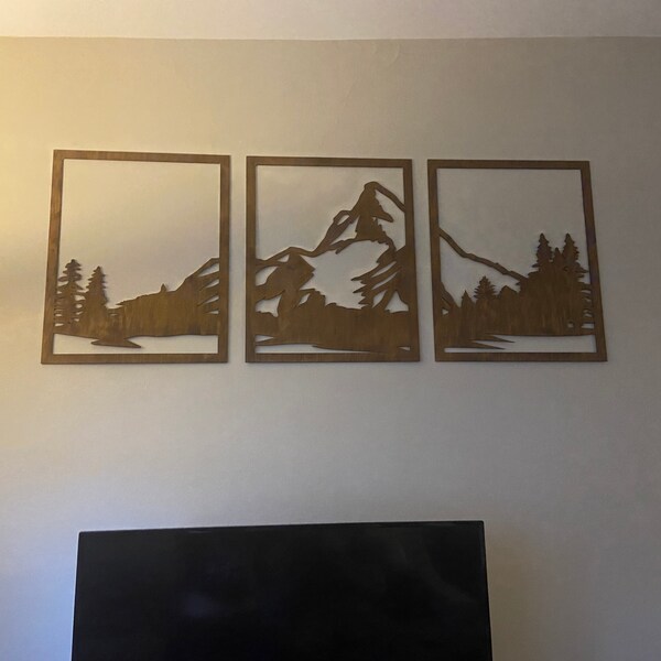 Wood Mountain Wall Art Decor, Wooden Mountains Art, 3 Panel Wood Wall ...