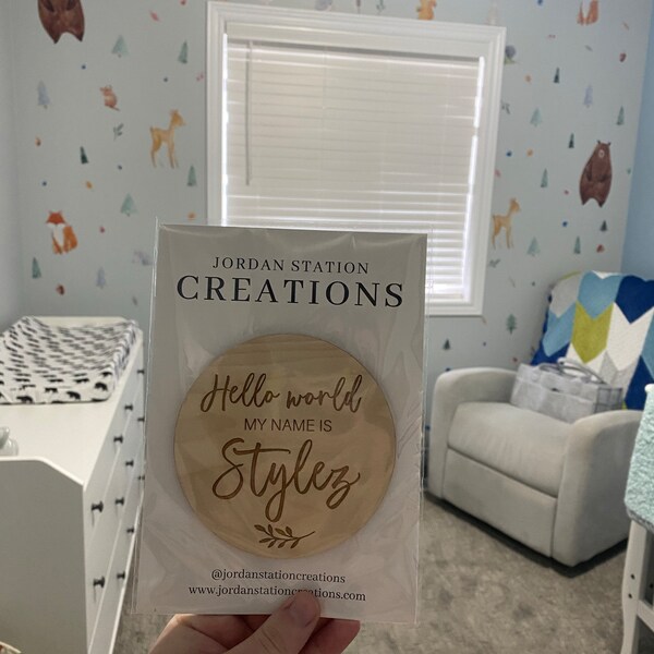 Hello World Personalized Baby Name Disc/ Wooden Baby Disc / Wood Baby ...