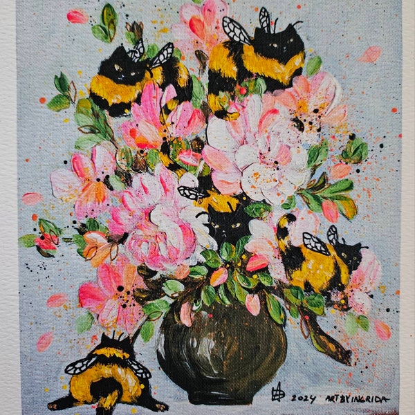 Cat Art, Funny Cat Poster, Cats and Bees, Cats in the Tree, Comic Art ...