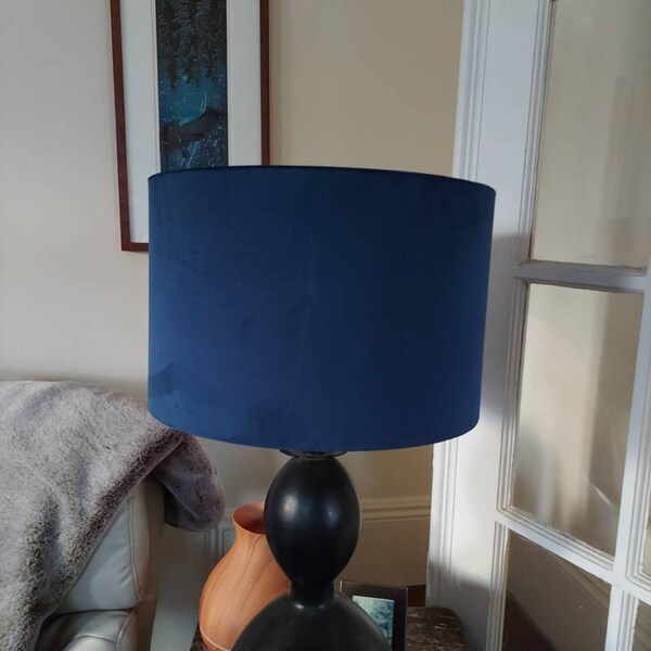Navy Blue Velvet Lampshade With Gold Lining – Modern Drum Shade for ...
