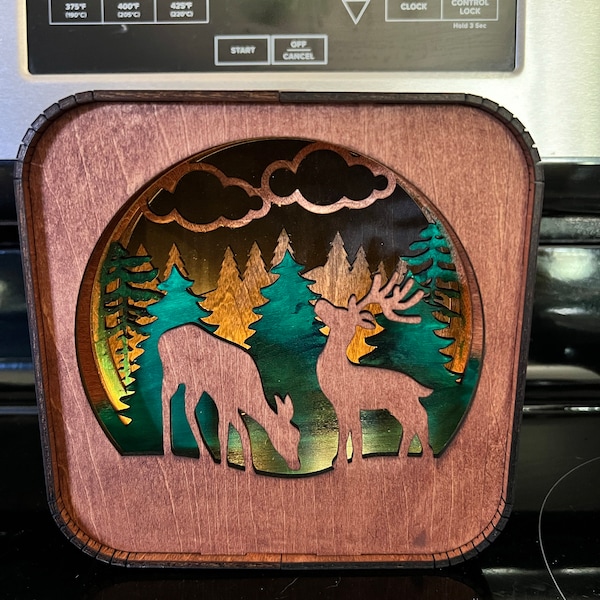 Wooden Night Lamp Deer Forest Scene Multilayer Shadowbox Laser Cut ...