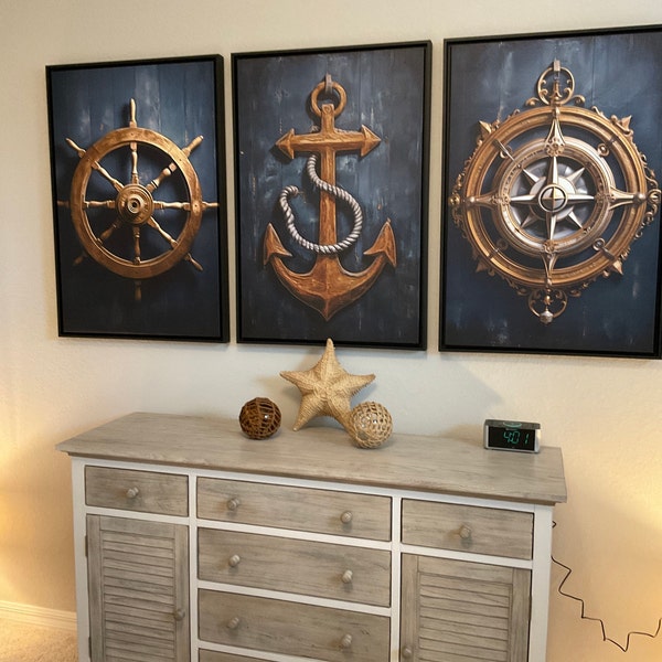 Nautical Wall Art Set of Three Maritime Prints - Navy Blue Gold Coastal ...