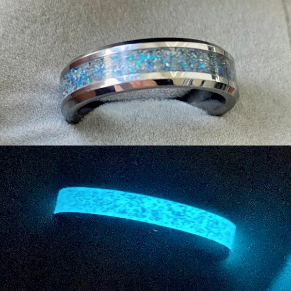 Blue Opal and Meteorite Glow Ring, Tungsten Band, Genuine Muonionalusta ...