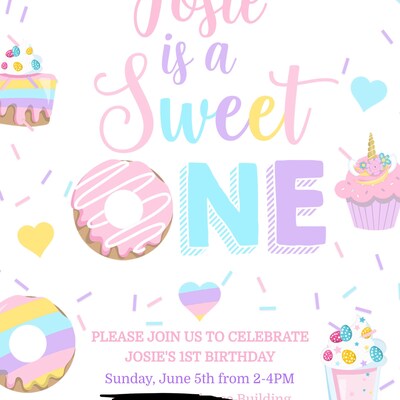 Editable Sweet One Birthday Invitation Girl, Pink Yellow Purple Blue ...