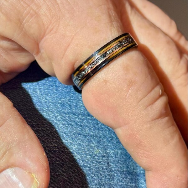 Burnt Whiskey Barrel Ring With Meteorite, Meteorite Wedding Ring ...