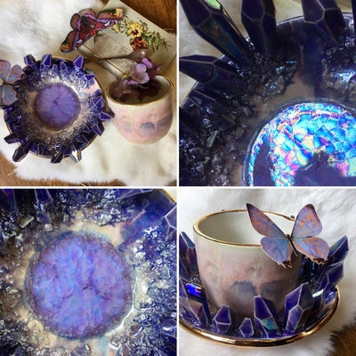 Aura Crystal Cup and Saucer Set CHOOSE YOUR COLOR Unique Handmade ...