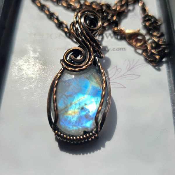 Blue Hemimorphite & Moonstone Wire Wrapped Copper Pendant, Artisan ...