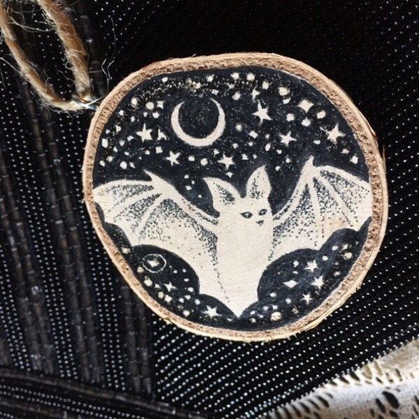Bat Christmas Ornament | Original Drawing on Birch Wood - Etsy