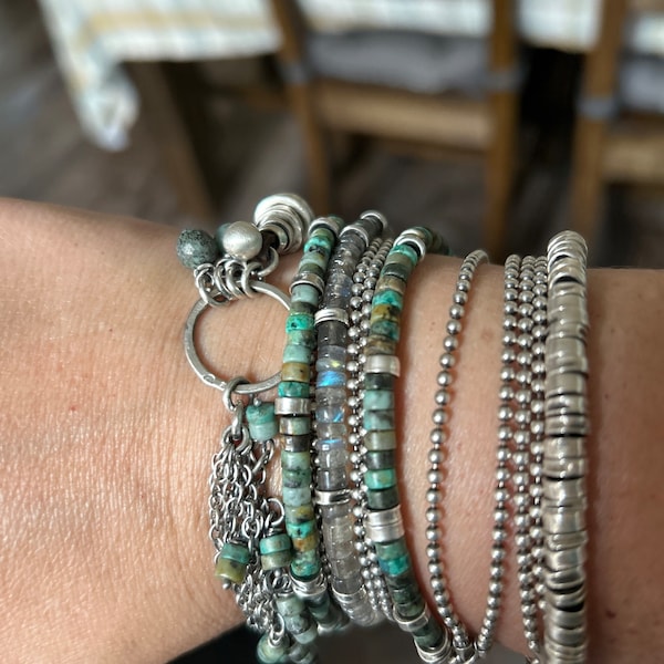 Linen Bracelet Handmade of Oxidized Sterling Silver Charms Crystal Bracelet Earthy Rustic ...