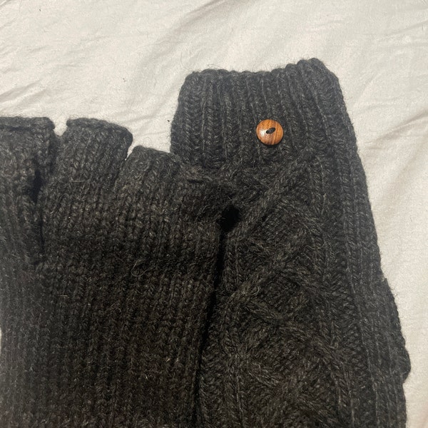 Hand Knit Alpaca Convertible Cable Flip Glitten Mitten Glove Black ...