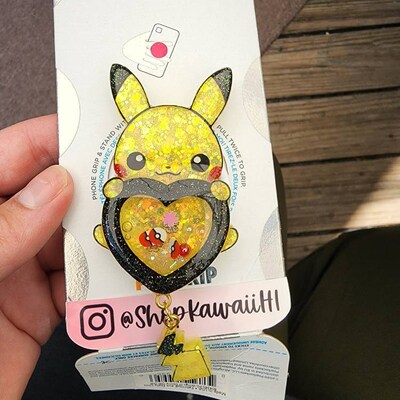 PREORDER Yellow Pika Poke Resin Red Heart Shaker Popsocket Grippy Phone ...