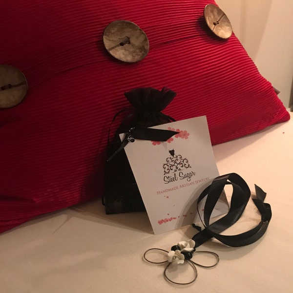 Edgy Porcelain White Rose&black Spiked Drop Ribbon Choker,scarlet Red ...