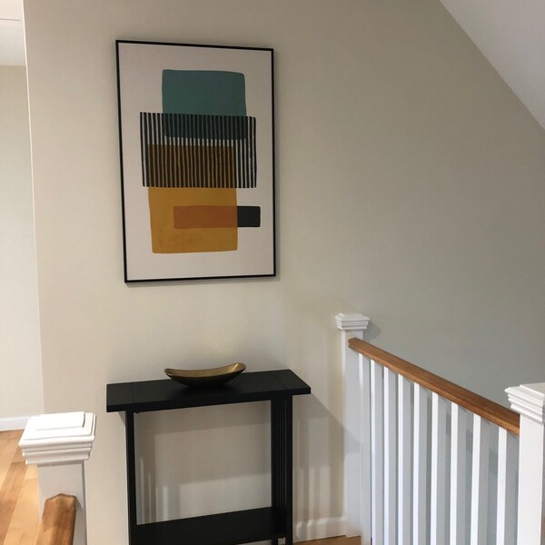 Abstract Teal Gray Yellow Wall Art, Mustard Light Teal Black Stripes ...