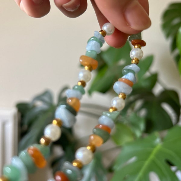 Pesonalised Aventurine and Pearl Phone Chain Strap, Green Crystal Chip ...