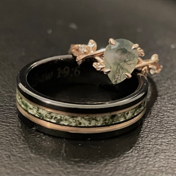 6mm Moss Men Ring Green Moss Agate Black Hammer Rose Gold Accent Ring ...