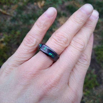 Black Ceramic Meteorite Ring, Neon Green Opal Ring, Glow in the Dark ...