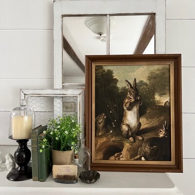 Vintage Rabbit Painting Antique Bunnies Print Rustic Animal Art Digital ...