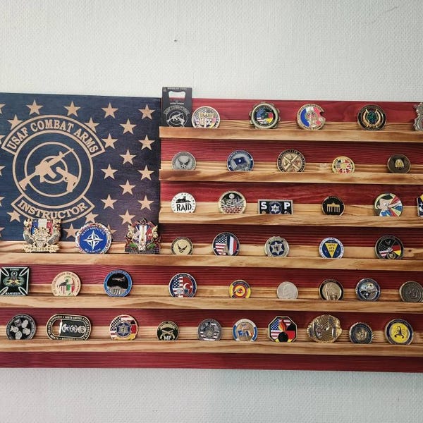 Handcrafted Rustic American Flag Challenge Coin Display: 37x19" - Etsy