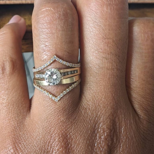 V Shaped Diamond Chevron Gold Ring, Shimmering Fortune Ring, Half ...