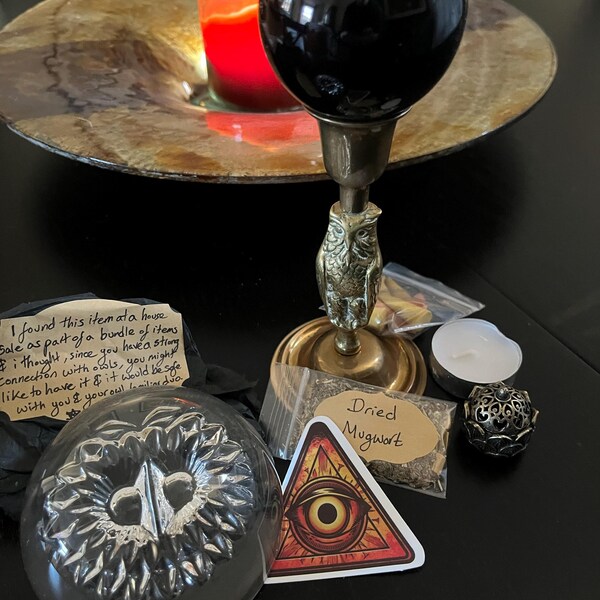 Edgar Cayce - Crystal Ball. Obsidian Scrying Orb on Antique Brass Stand ...