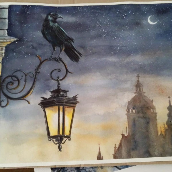 Black Raven & Golden Moon Phases - Art Print, Flying Raven Watercolor ...