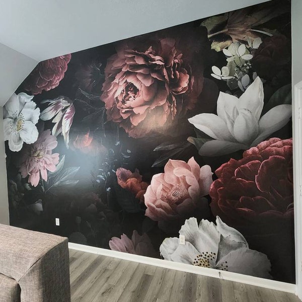 FLORAL WALLPAPER ART- Pretty Big Flowers Wallpaper- Dark Fone Flowers ...