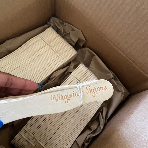 25 Fan Sticks Custom Engraved, 8 Inch Wooden Wavy Wedding Fan Sticks ...
